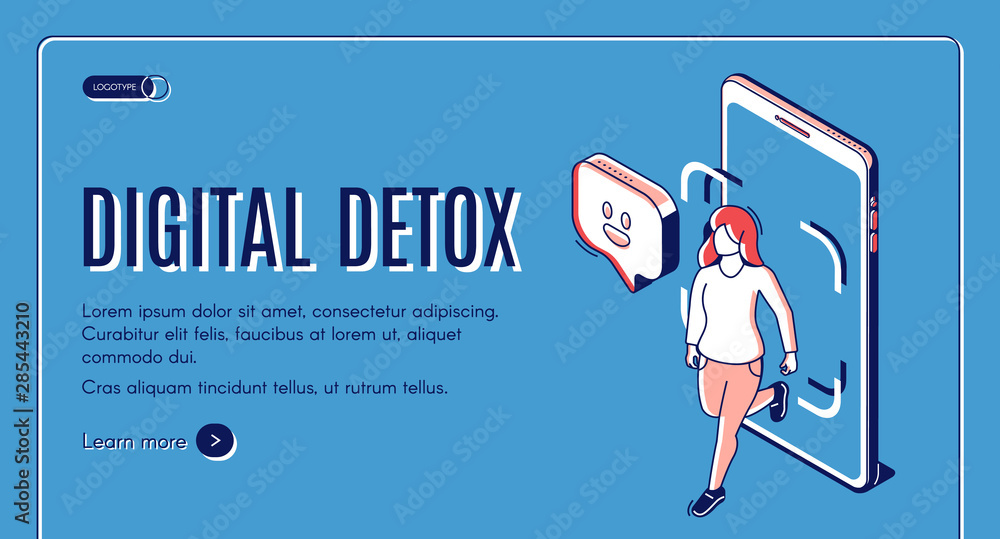 Digital detox web banner. Young woman stepping out of huge mobile phone ...