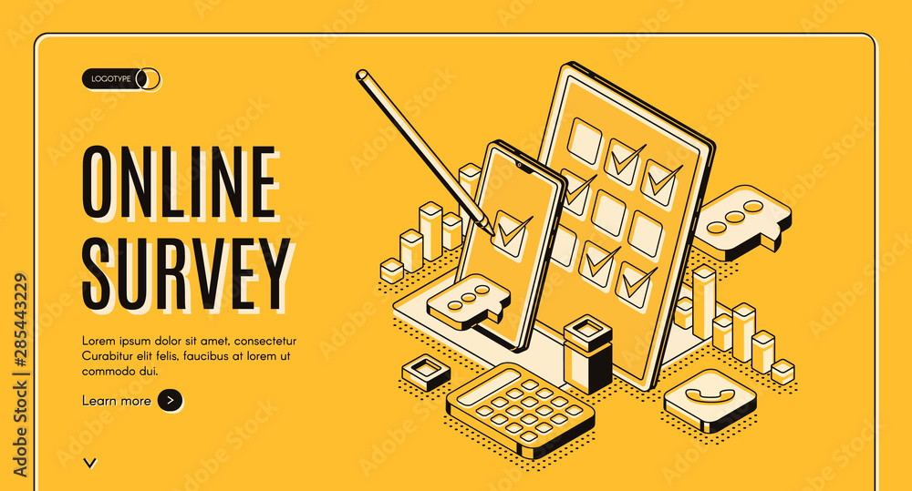 Online survey isometric web banner, stylus pen put mark on digital ...