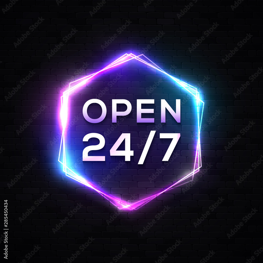 Neon open sign 24 7 on black brick wall. Light vector background with ...