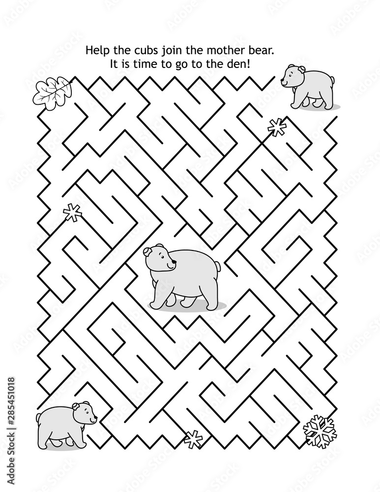 Maze game for kids with two bear cubs and mother bear: Help the cubs ...