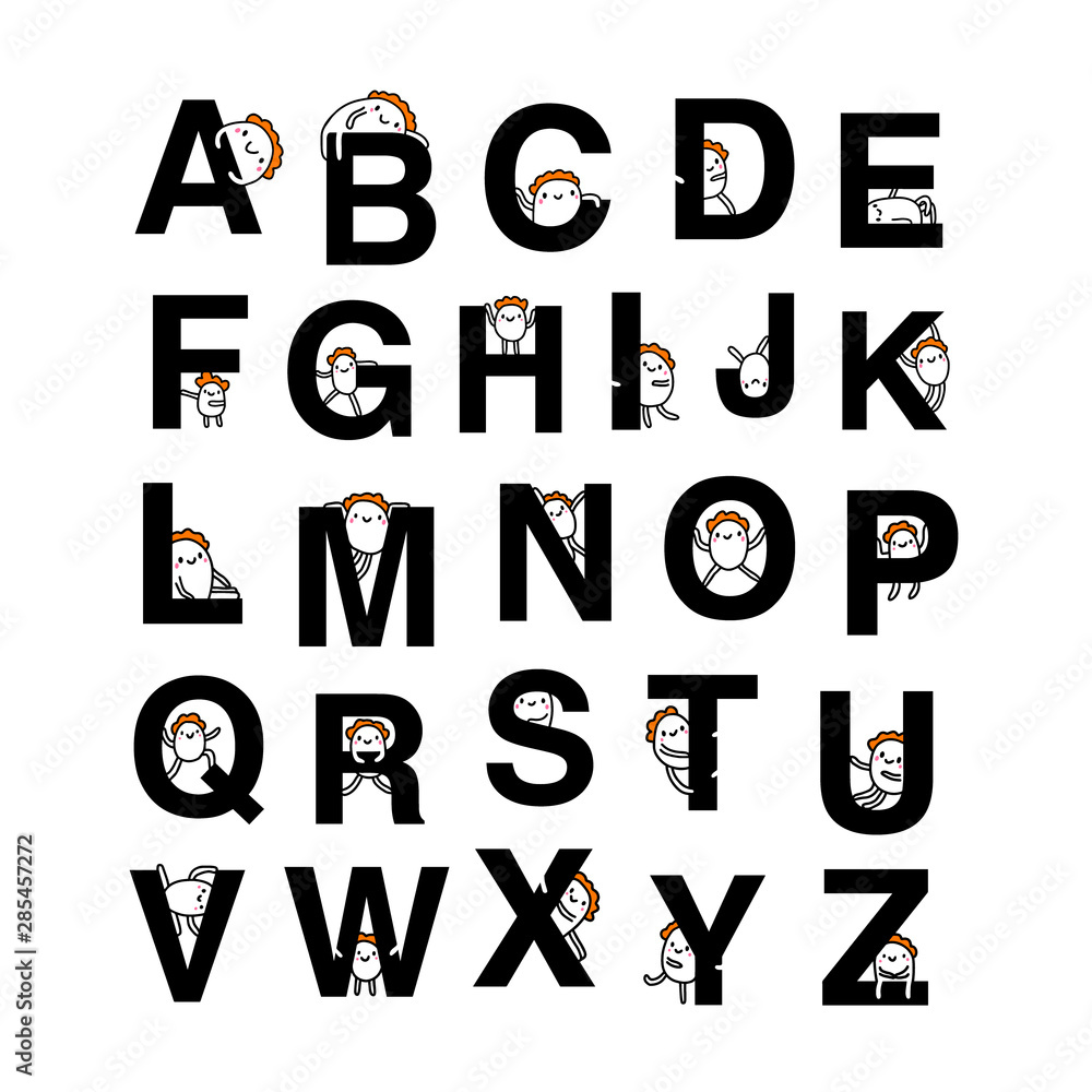 Cartoon hand drawn alphabet with cute comic man for kids education ...