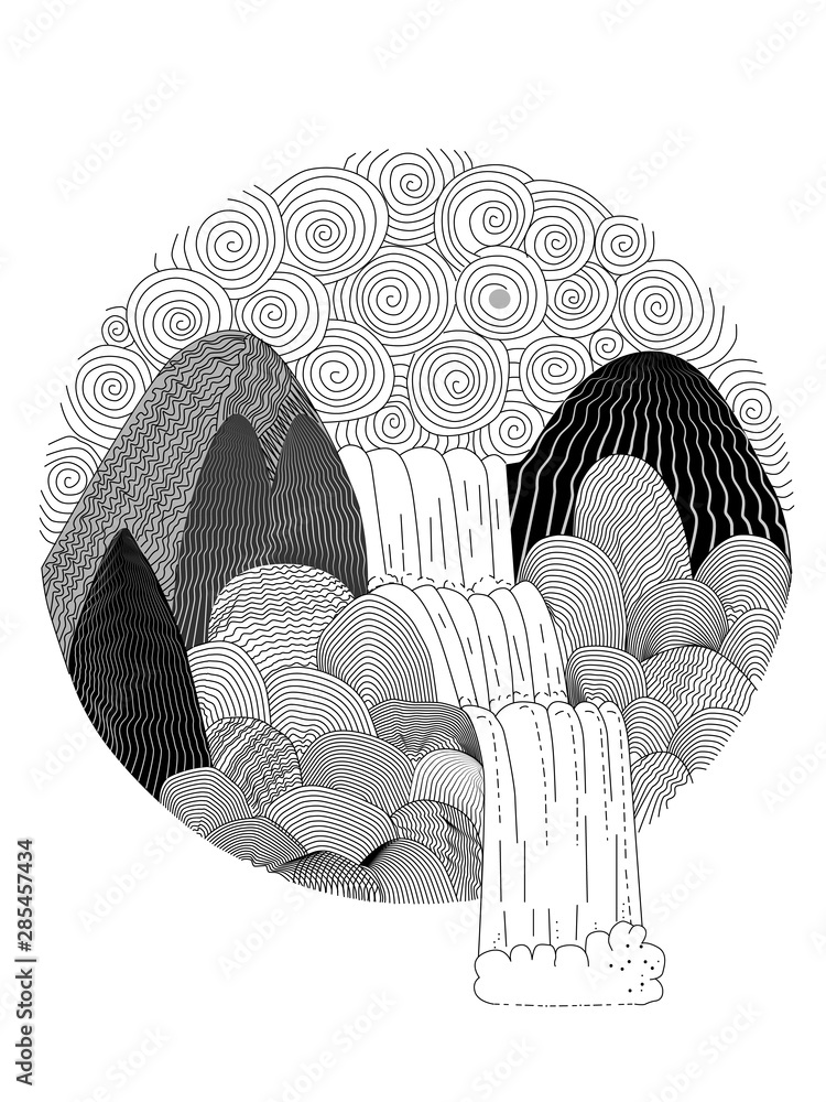 Waterfall landscape drawn in a circle. Landscape drawn by lines and ...