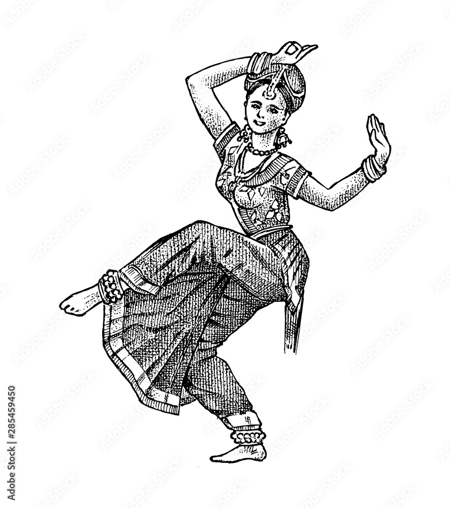 Dancing Indian woman in national dress. Hand drawn engraved in vintage ...