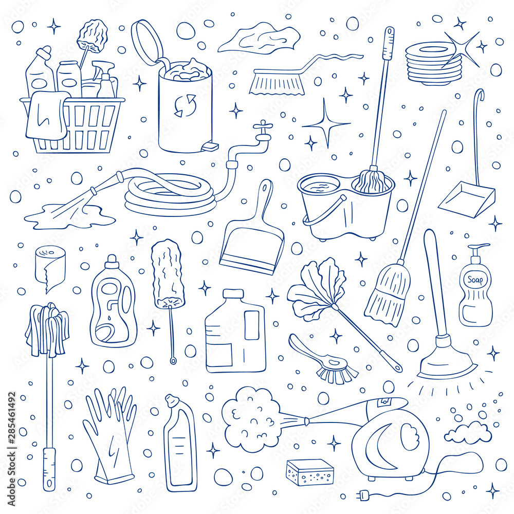 Vector cleaning doodle elements set isolated on white background. Hand ...