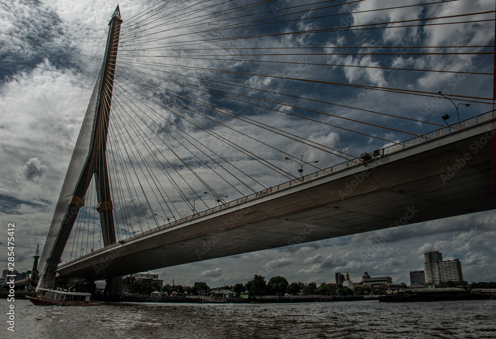Rama Rama VIII bridge, Rope Bridge across the Chao Phraya River, A tall ...