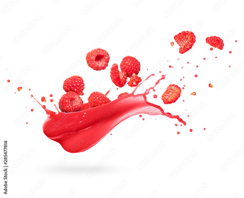 Raspberries with splashes of fresh juice, isolated on white background ...