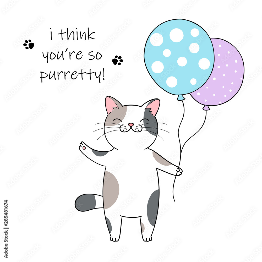 Cute cartoon cat holding balloons. Hand drawn illustration for birthday ...