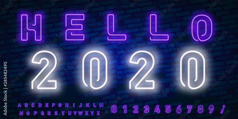 Vector realistic isolated neon sign of hello 2020 logo for template ...