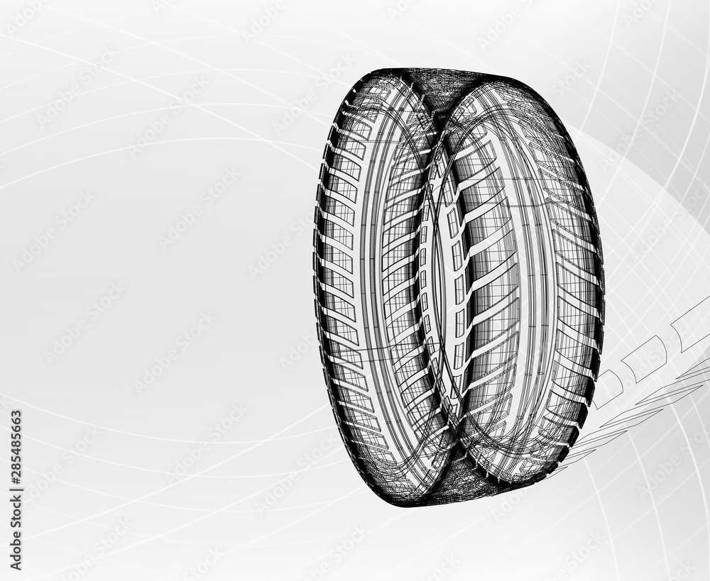 Car tire with tire marks on a light grey background. Vector blueprint ...