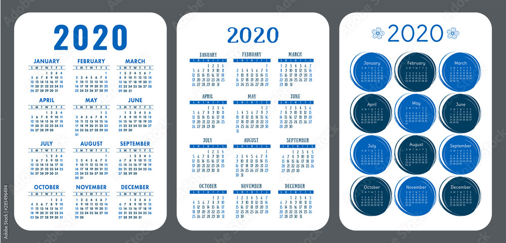 2020 calendar set. Vector design collection. Color English calender ...