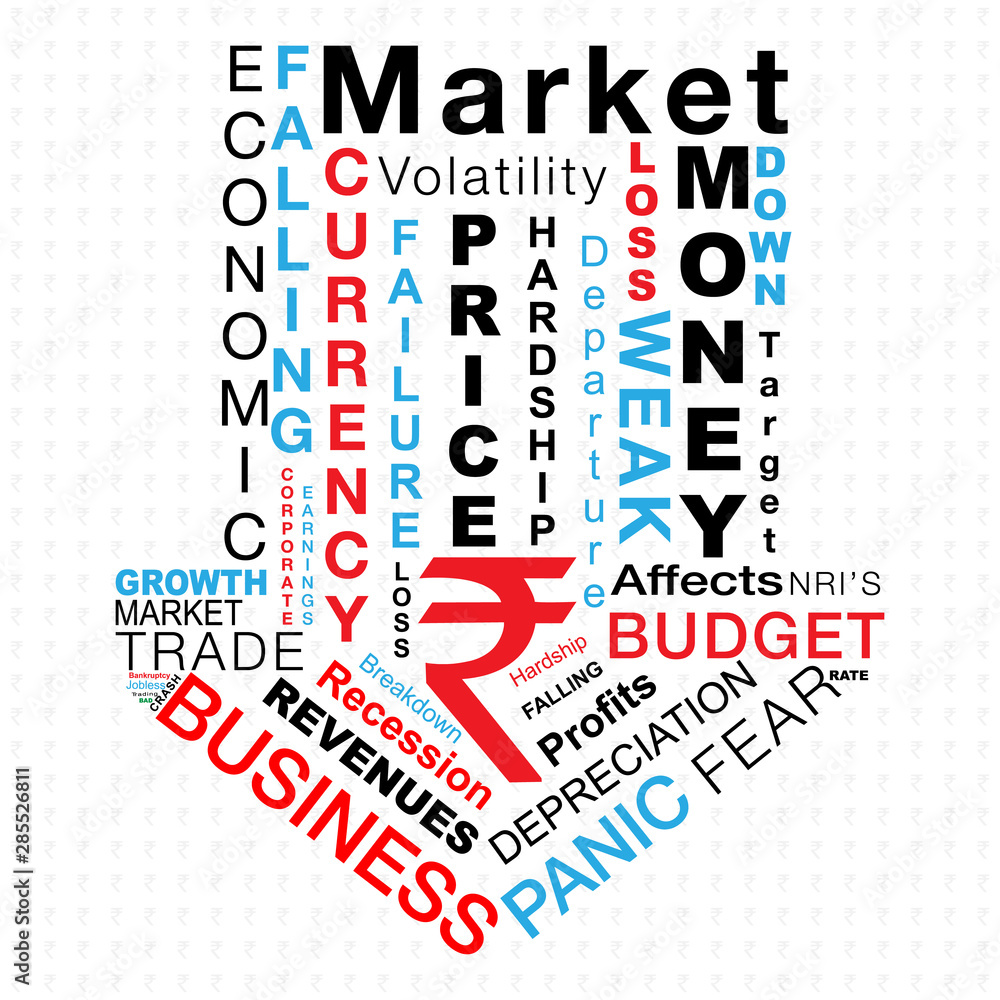 Conceptual word cloud collage/illustration in down arrow form about INR ...