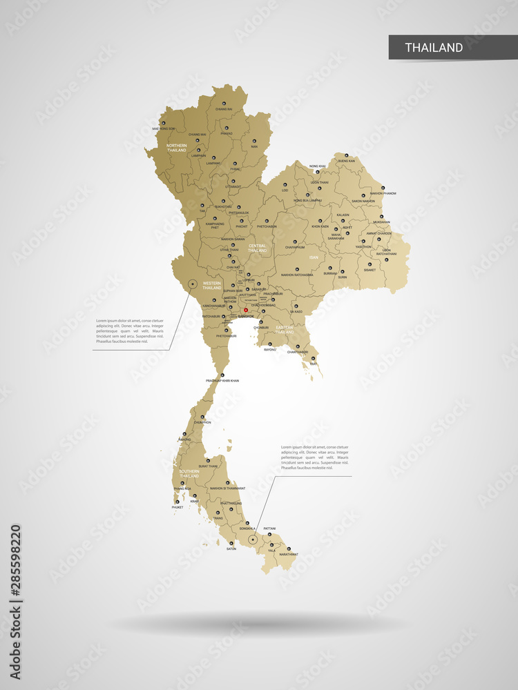 Stylized vector Thailand map. Infographic 3d gold map illustration with ...