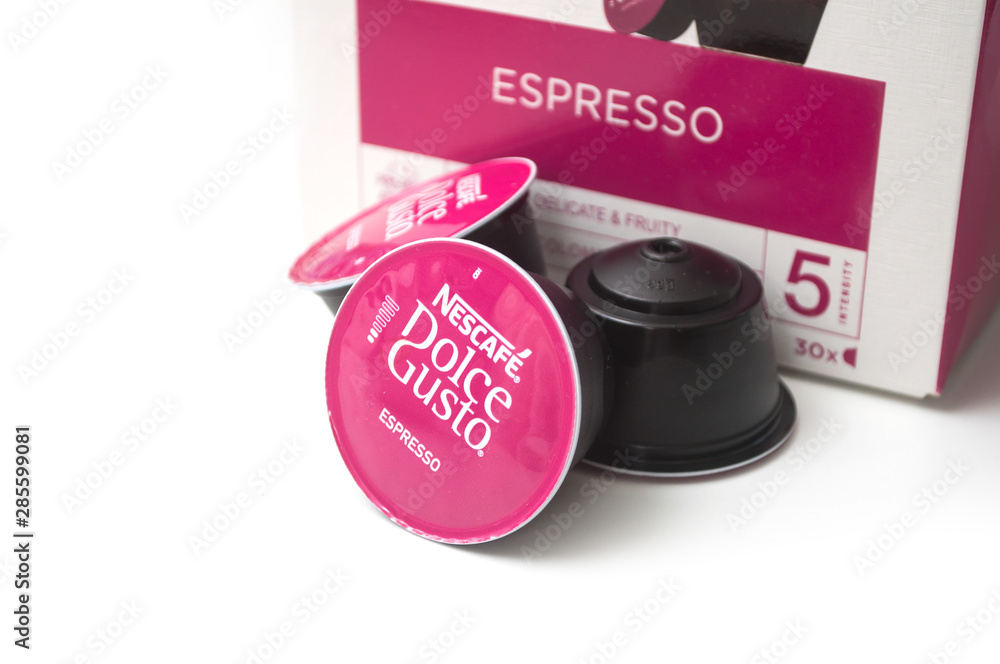 Mulhouse - France -23 August 2019 - closeup of pink Nescafe expresso ...