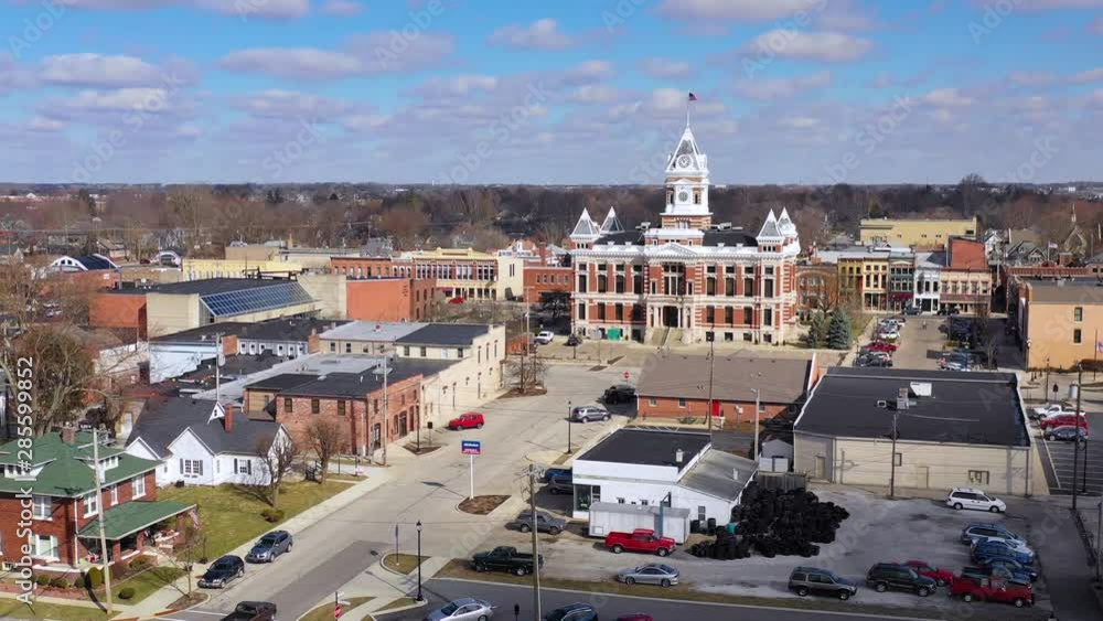 Aerial over Franklin, Indiana, a quaint all American Midwest town with ...