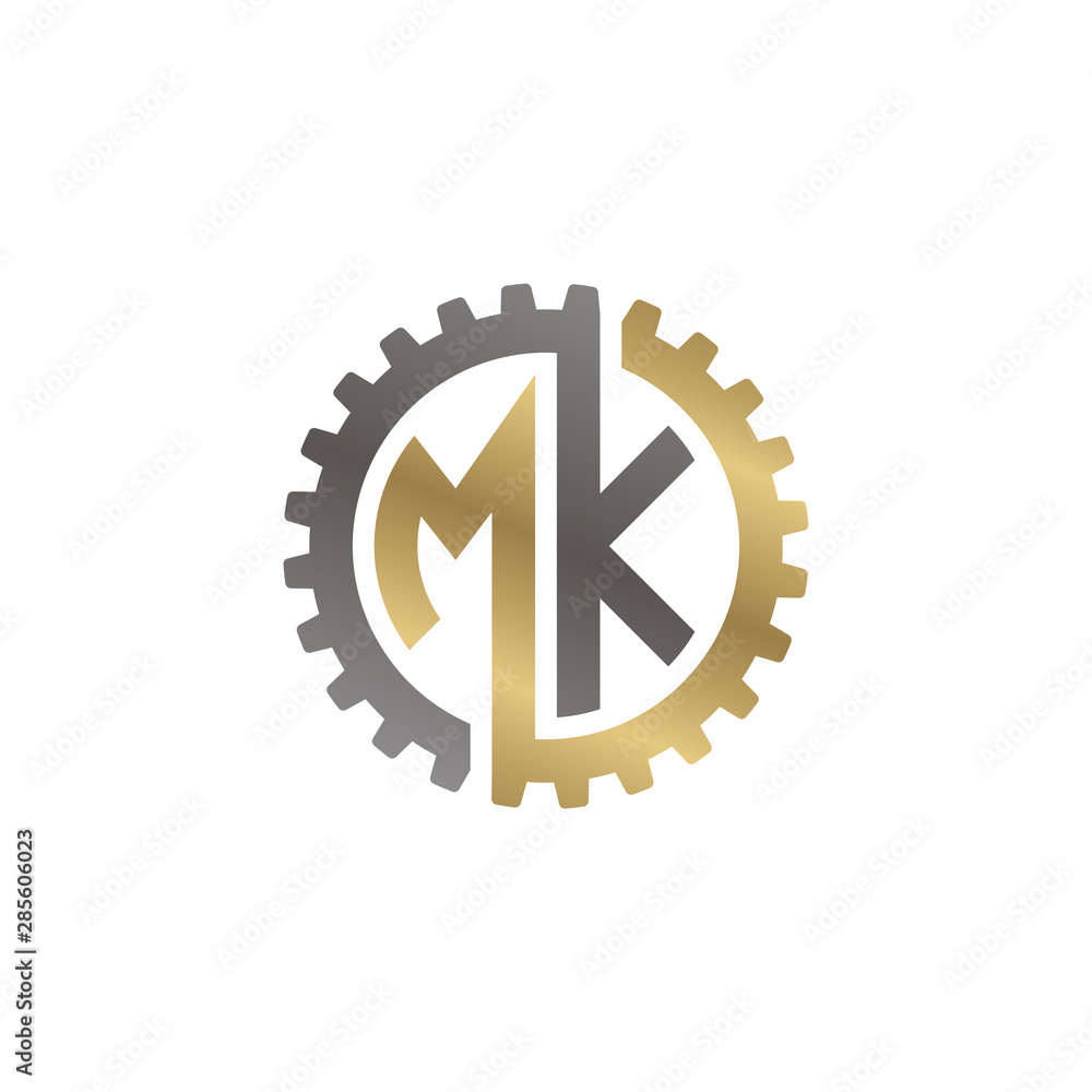Initial letter M and K, MK, interlock cogwheel gear logo, black gold on ...