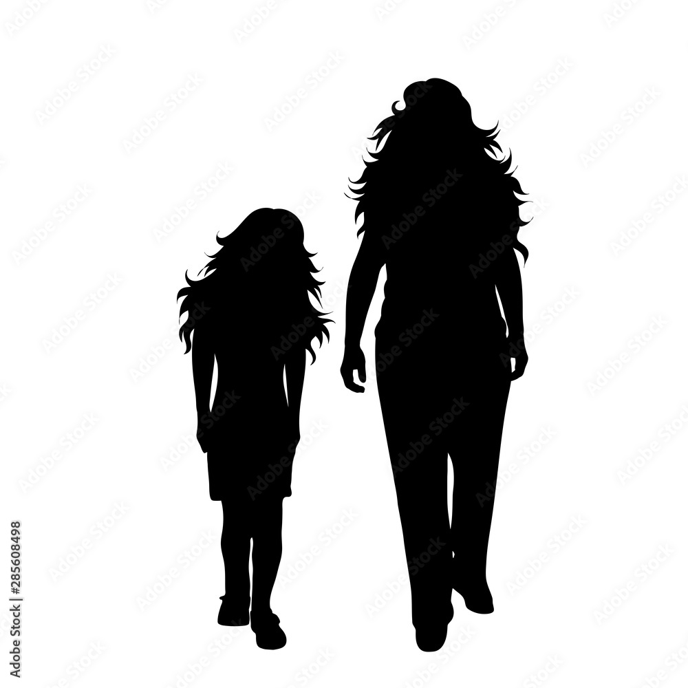 Vector Silhouette Of Woman With Her Daughter Walk On White Background