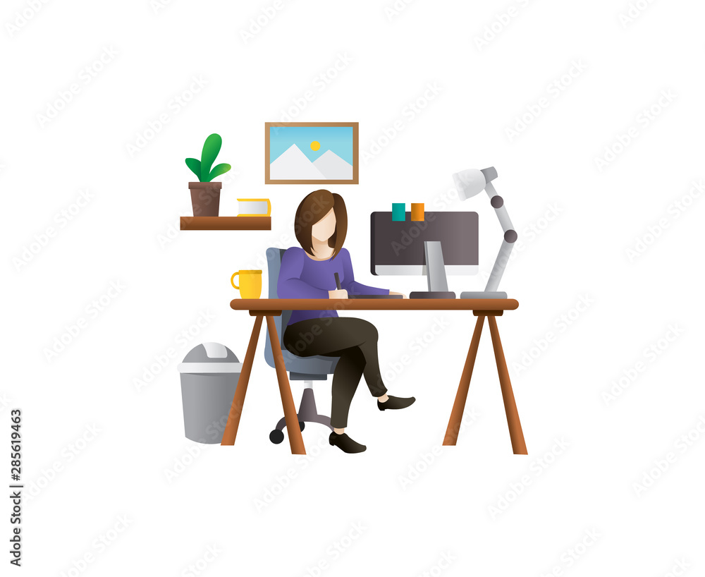 Young female freelancer vector illustration. Blogging, Blogger ...