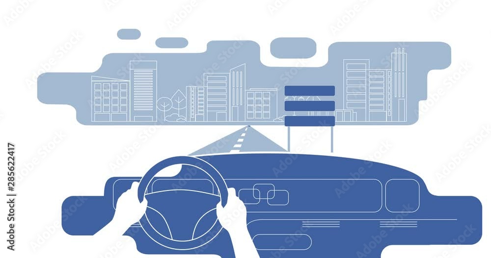 E-mobility, animation of a e-car car drives highway to a city in flat ...