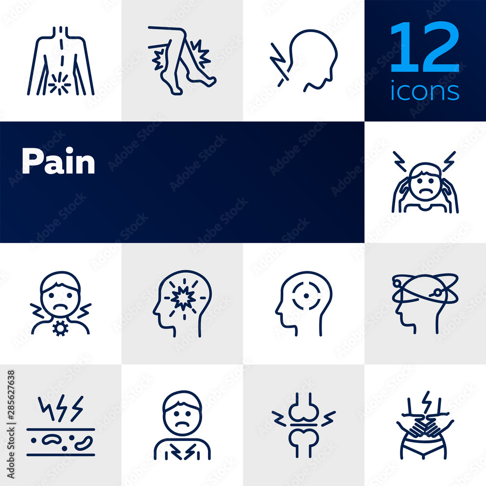 Pain line icon set. Headache, sore throat, stomach ache. Health care ...
