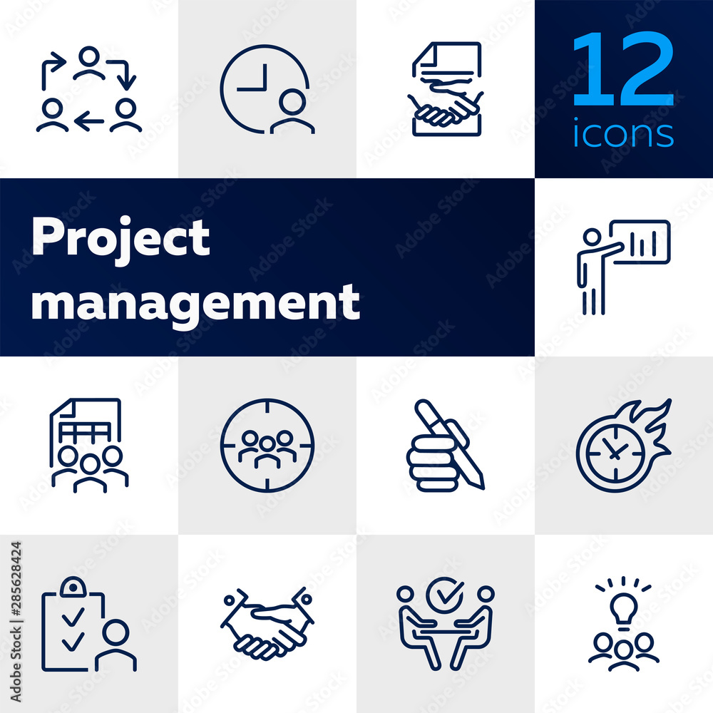 Project management line icon set. Handshake, team, interview. Business ...