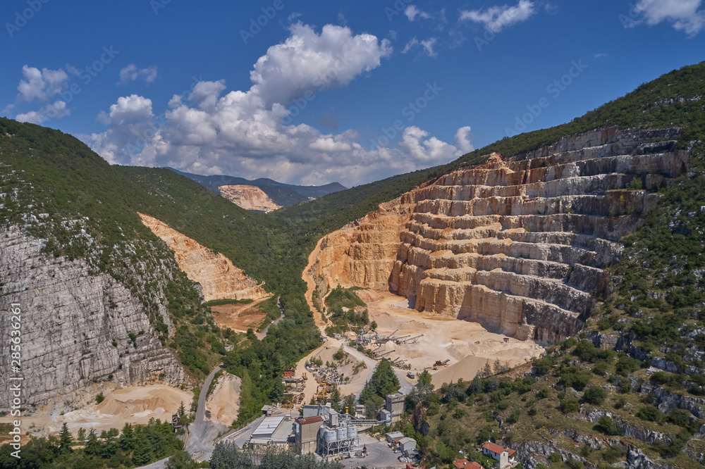 Air view of a marble quarry. Panoramic view of the extraction of marble ...