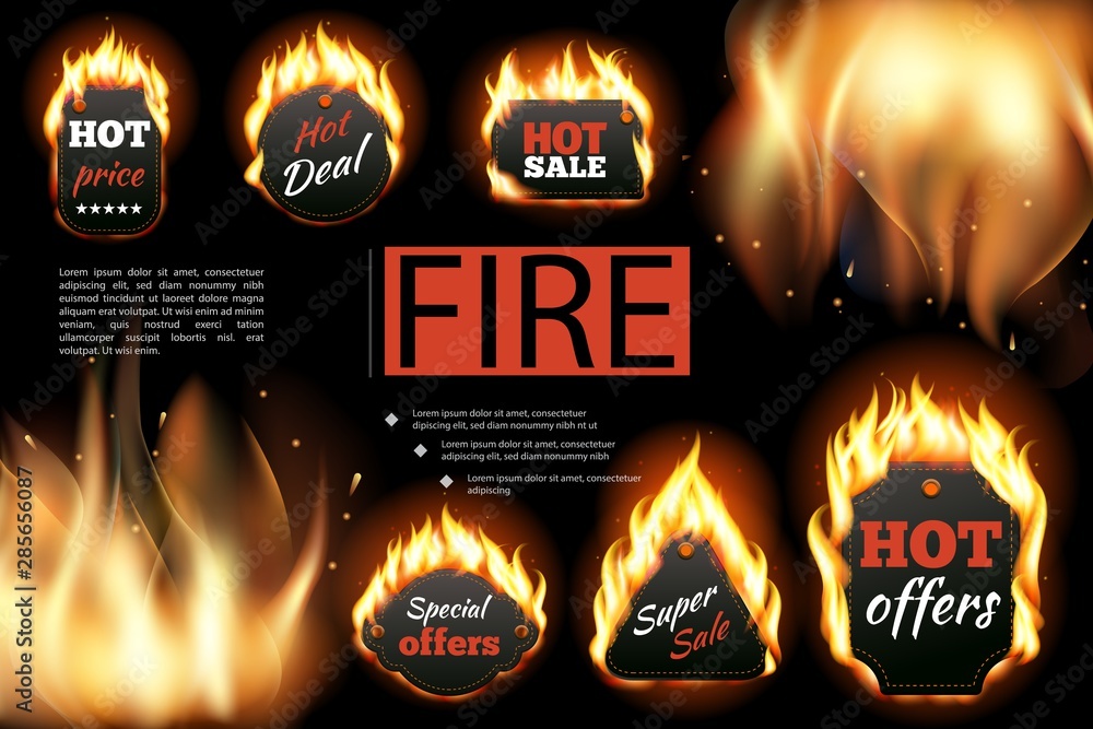 Realistic Hot Fire Labels Composition Stock Vector | Adobe Stock