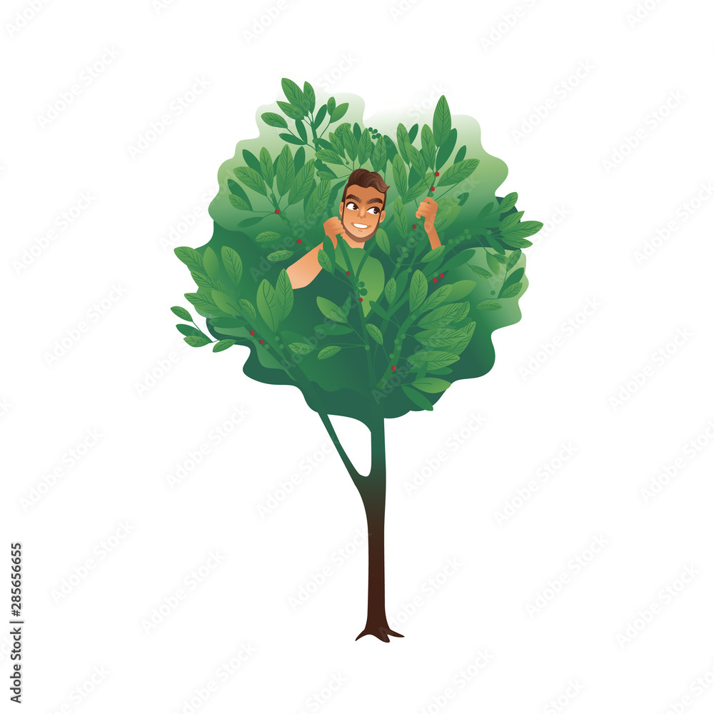 Cartoon man hiding in a tree, summer nature drawing of male character ...