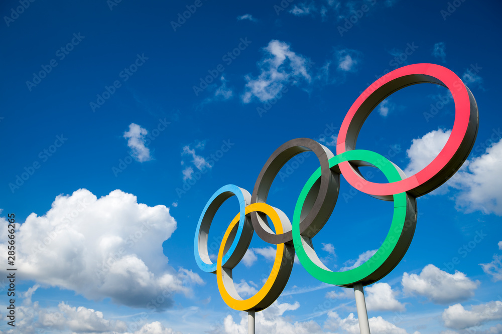 LONDON - APRIL 19, 2019: A large set of Olympic Rings stand under ...