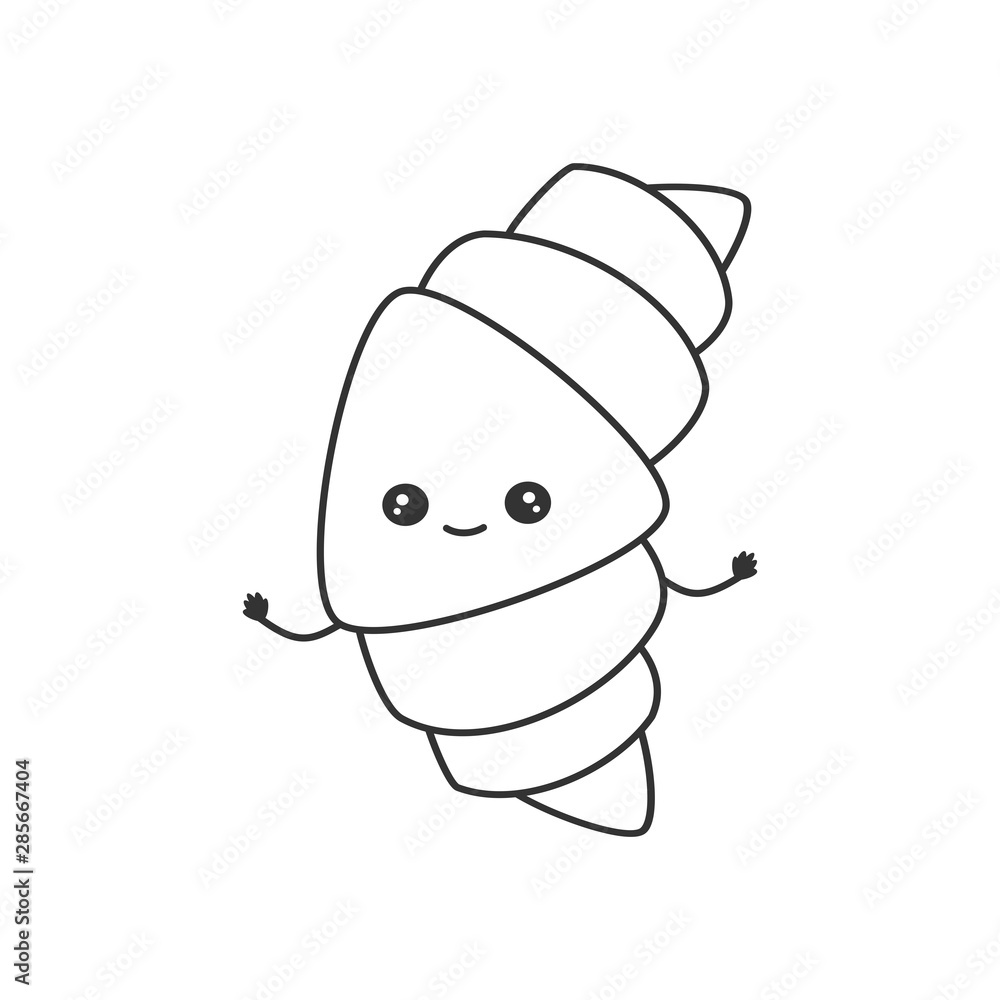 cute cartoon vector black and white character croissant illustration ...