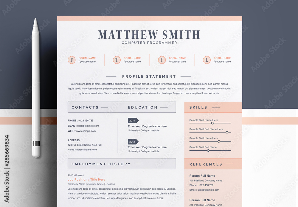 Resume and Cover Letter Layout with Peach Accents Stock Template ...