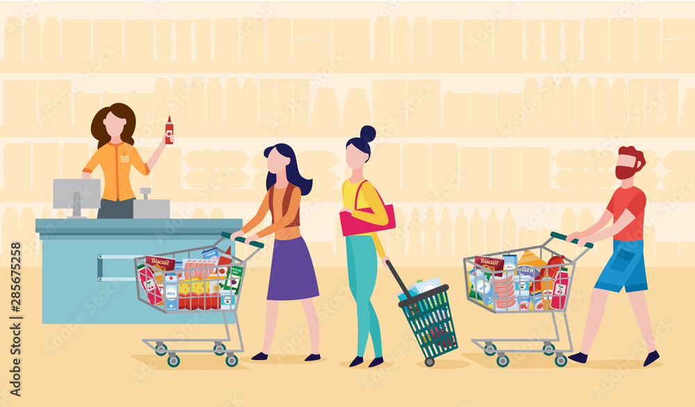 Grocery supermarket checkout line - cartoon people standing in queue ... Grocery supermarket checkout line - cartoon people standing in queue ...