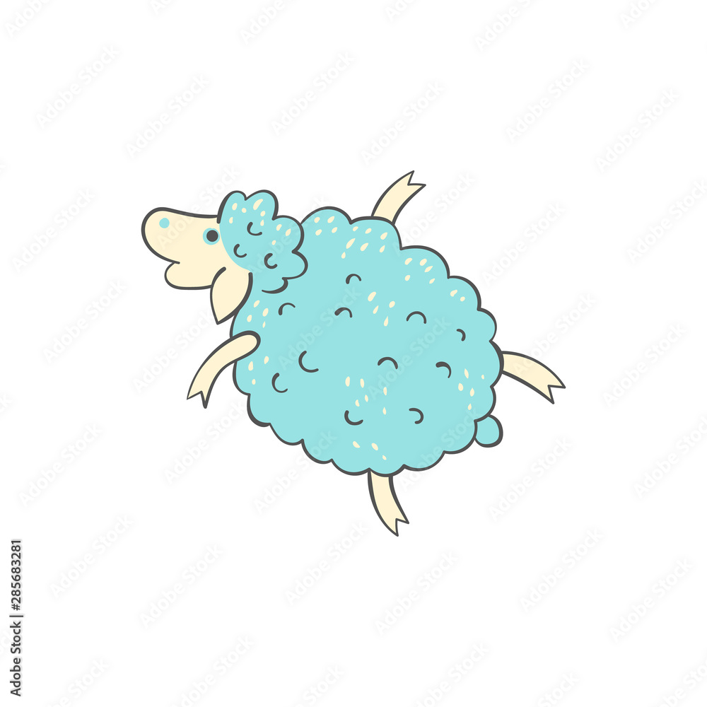 Cute blue sheep doodle - cartoon farm animal in flying pose isolated on ...