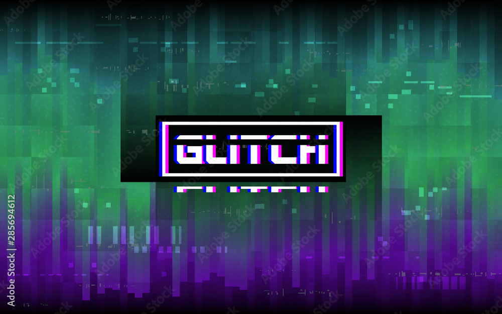 Glitch concept. Purple and green distortion with stereo effect text ...