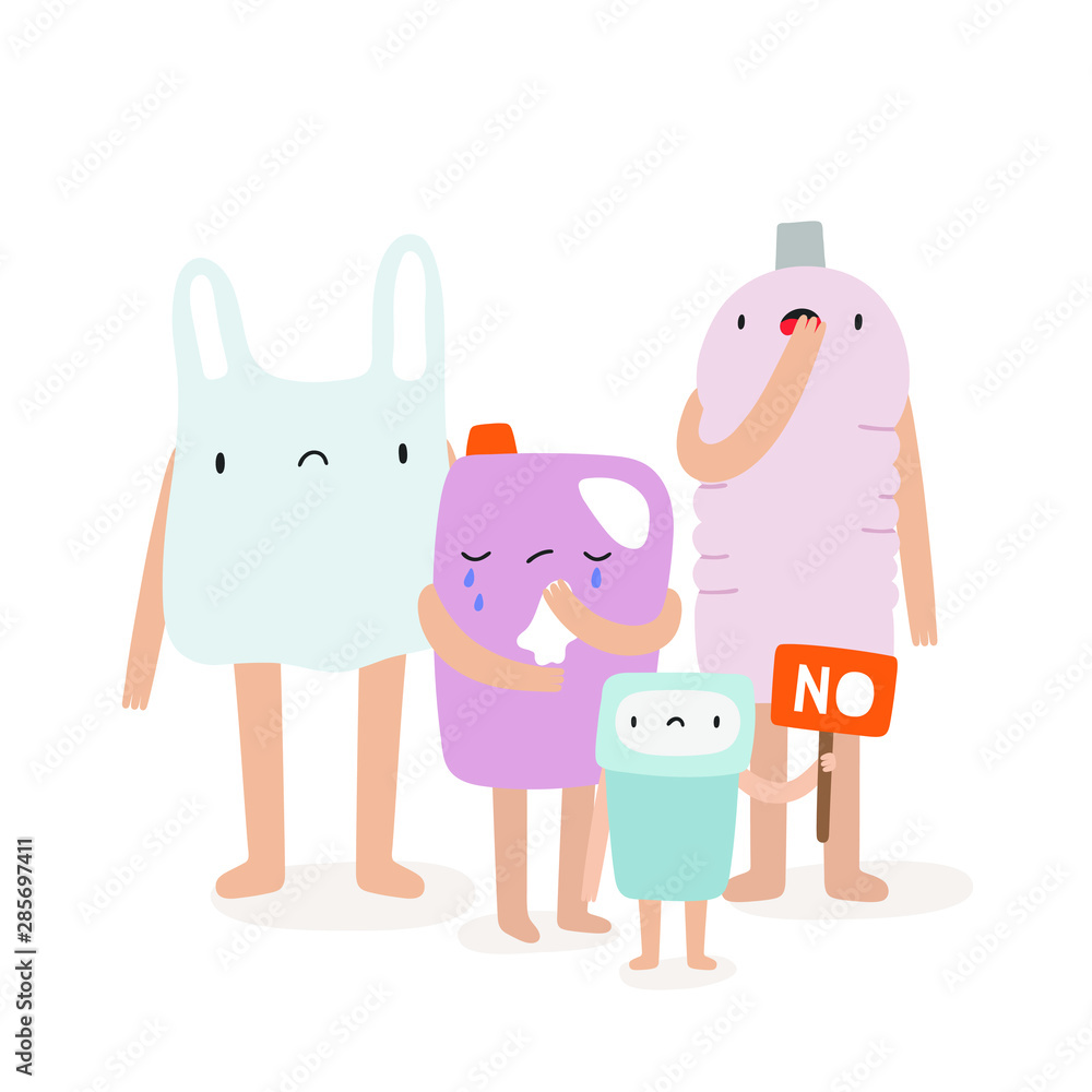 Cute vector illustration with Sad Plastic Bottles and Bag. Zero Waste ...