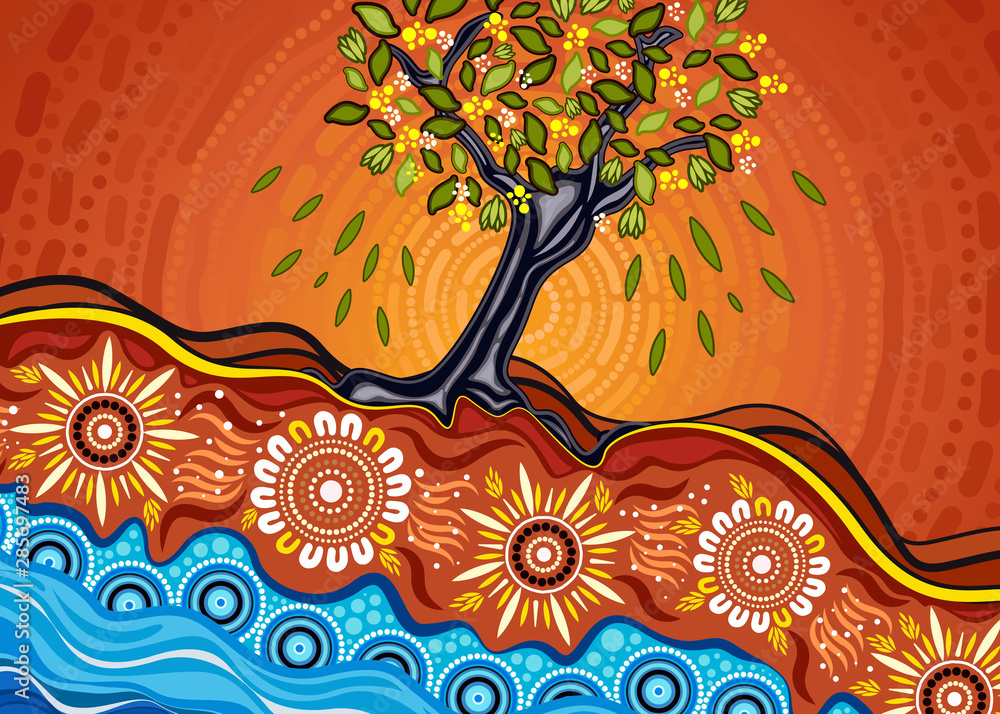 Tree on the hill, An illustration based on aboriginal style of ...
