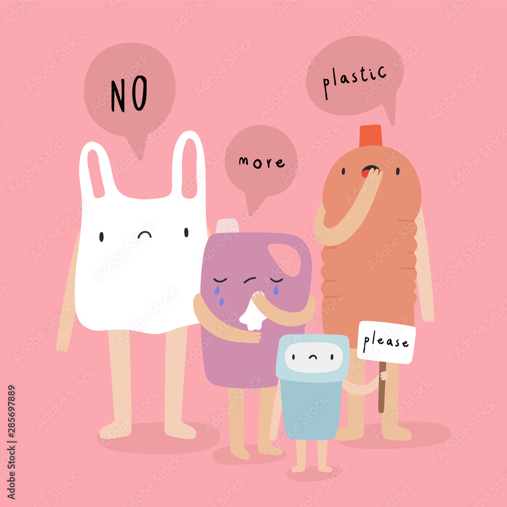 No More Plastic Please - cute vector illustration with Plastic Bottles ...
