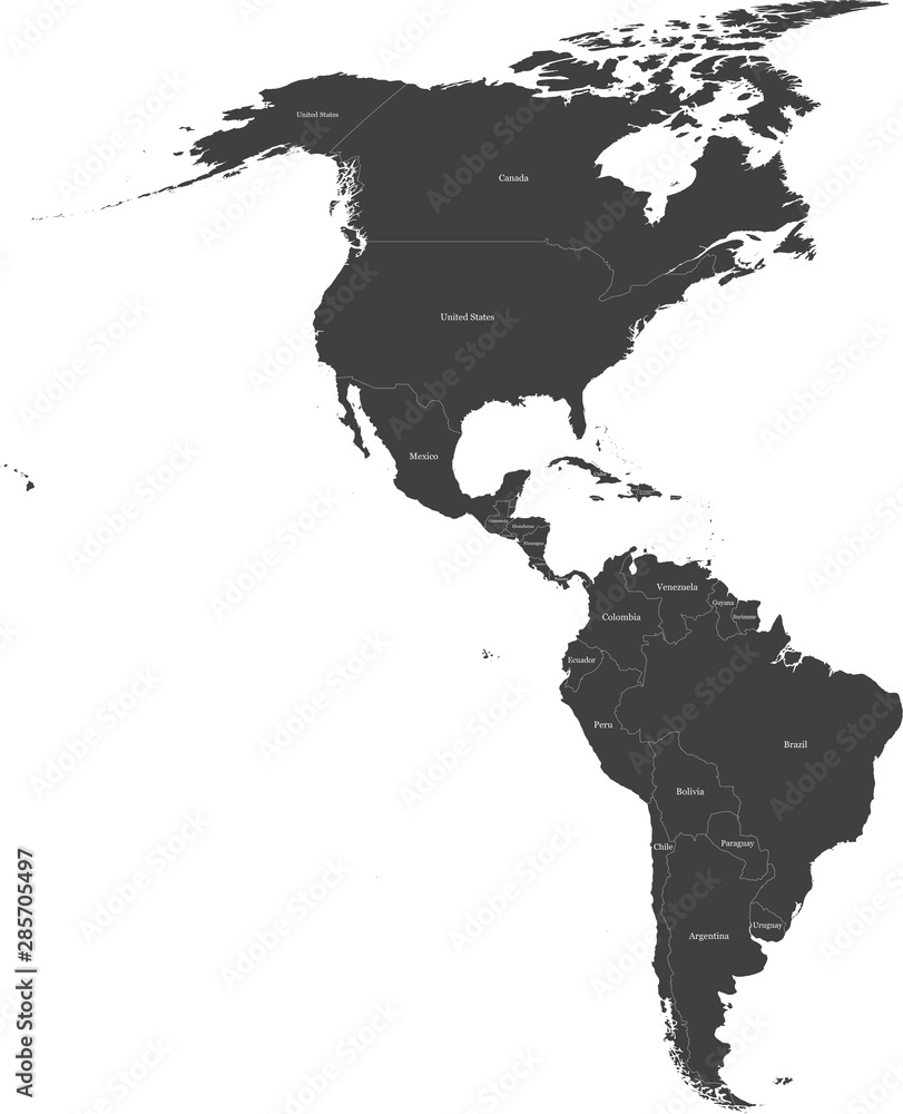 Map of American continent split into individual countries. Displaying ...