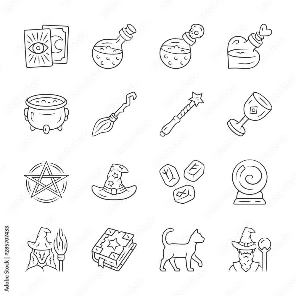 Magic linear icons set. Witchcraft items. Occult, gypsy mystic ritual ...
