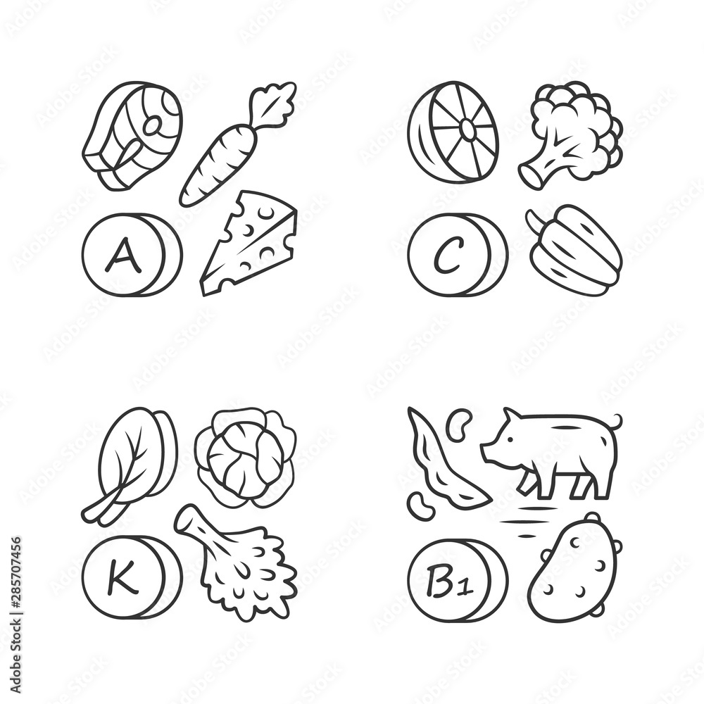 Vitamins linear icons set. A, C, B1, K vitamins natural food source ...