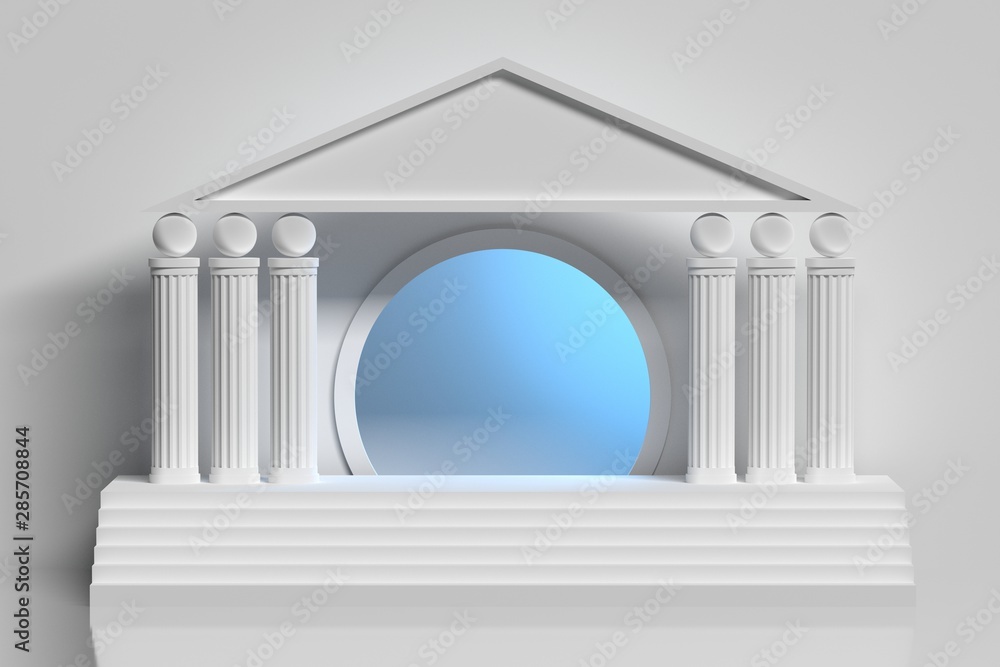 White ancient style greek arch, column arcade with six pillars, balls ...
