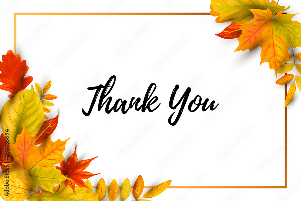 Thank you card. Autumn background with falling leaves, golden frame ...