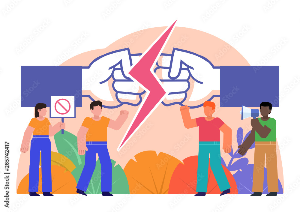 Conflict, agitation, protest concept. Two groups of people in conflict ...