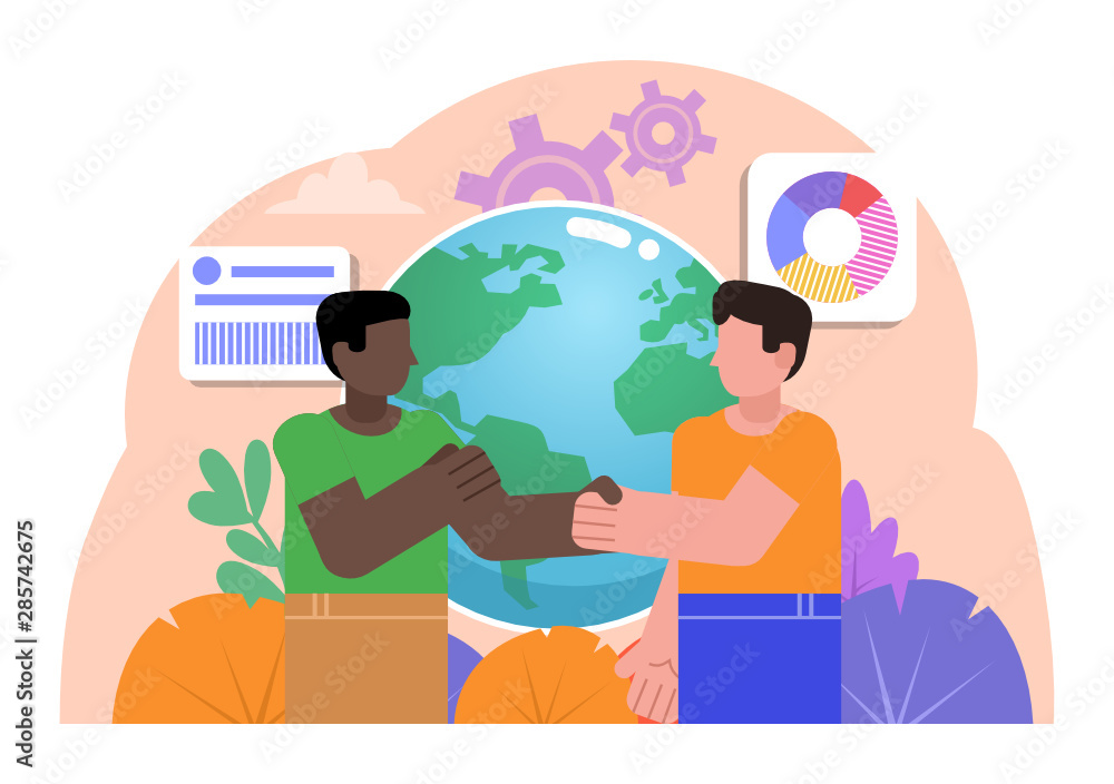 Worldwide business, partnership, cooperation concept. Two men handshake ...