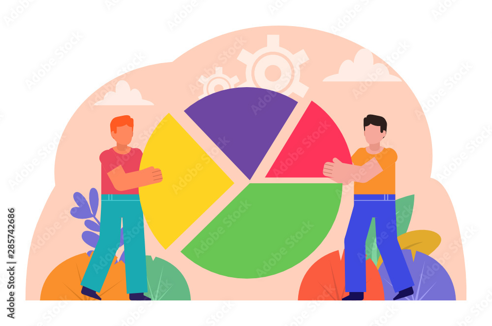 Teamwork, partnership, cooperation. Two men hold pie chart, graph ...