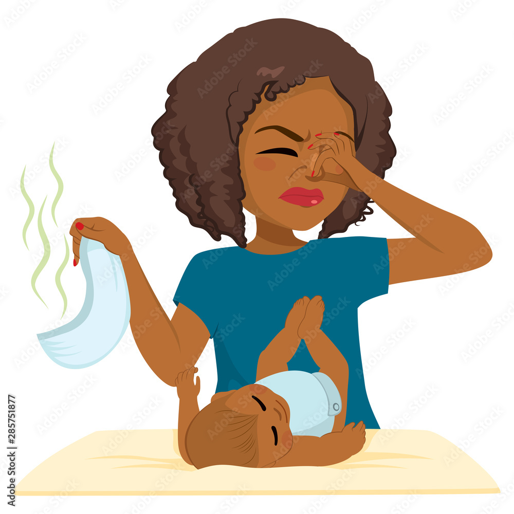 Black woman pinching nose while changing sweet little baby stinky ...
