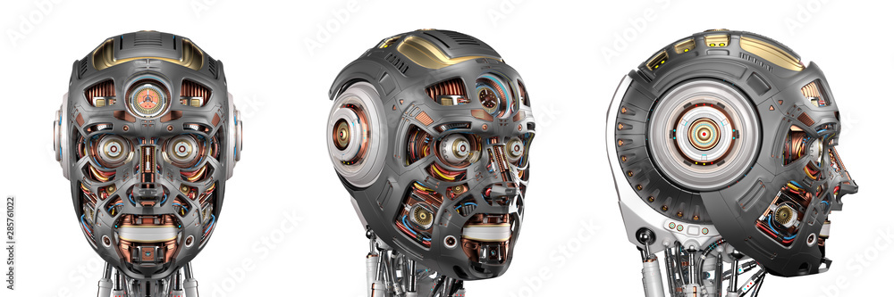 Robot head or very detailed cyborg face. Set of three diferent angles ...