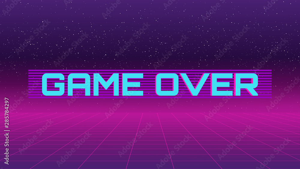 80s style game over illustration. Pink perspective grid with futuristic ...