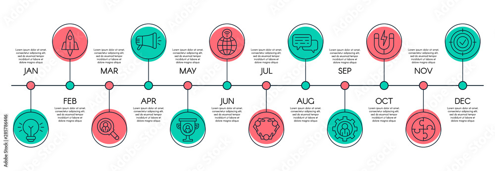 Timeline chart. Business process steps, workflow time scale and ...