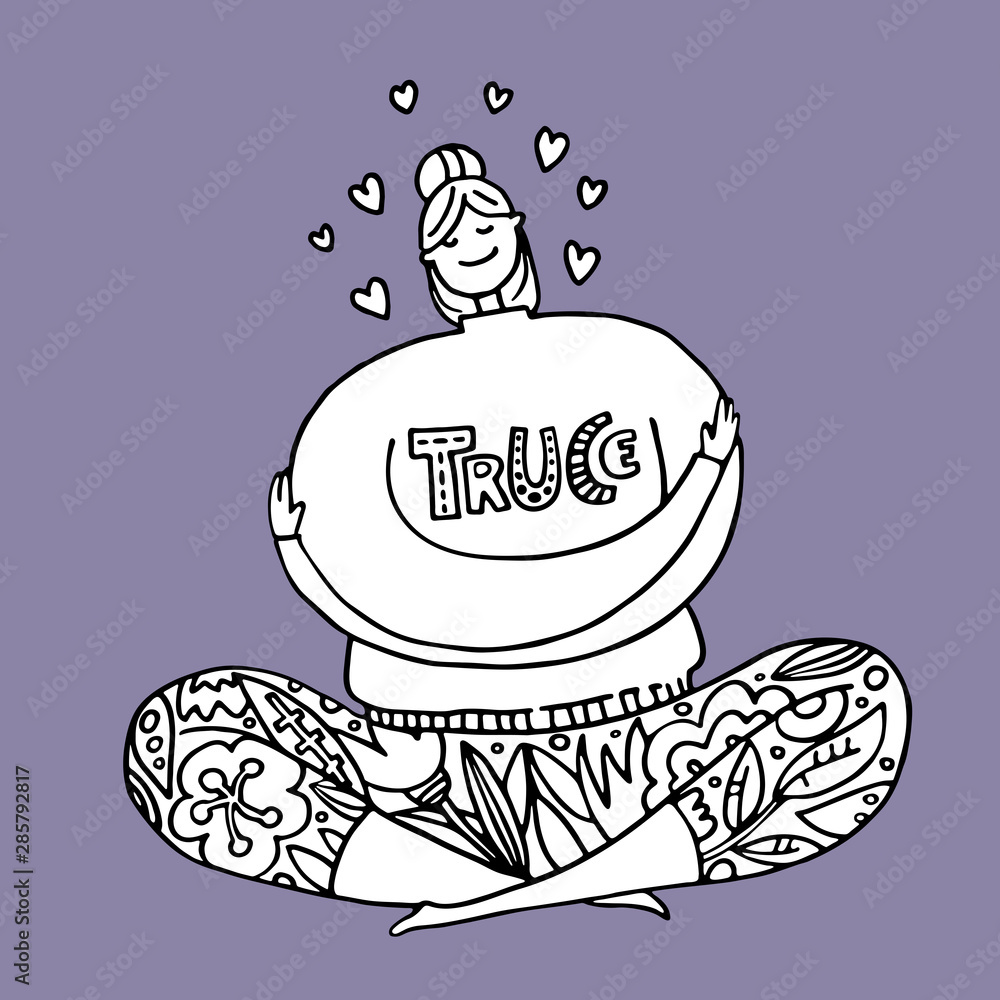 Love yourself. Truce concept. Happy girl hug herself with joy. Doodle ...