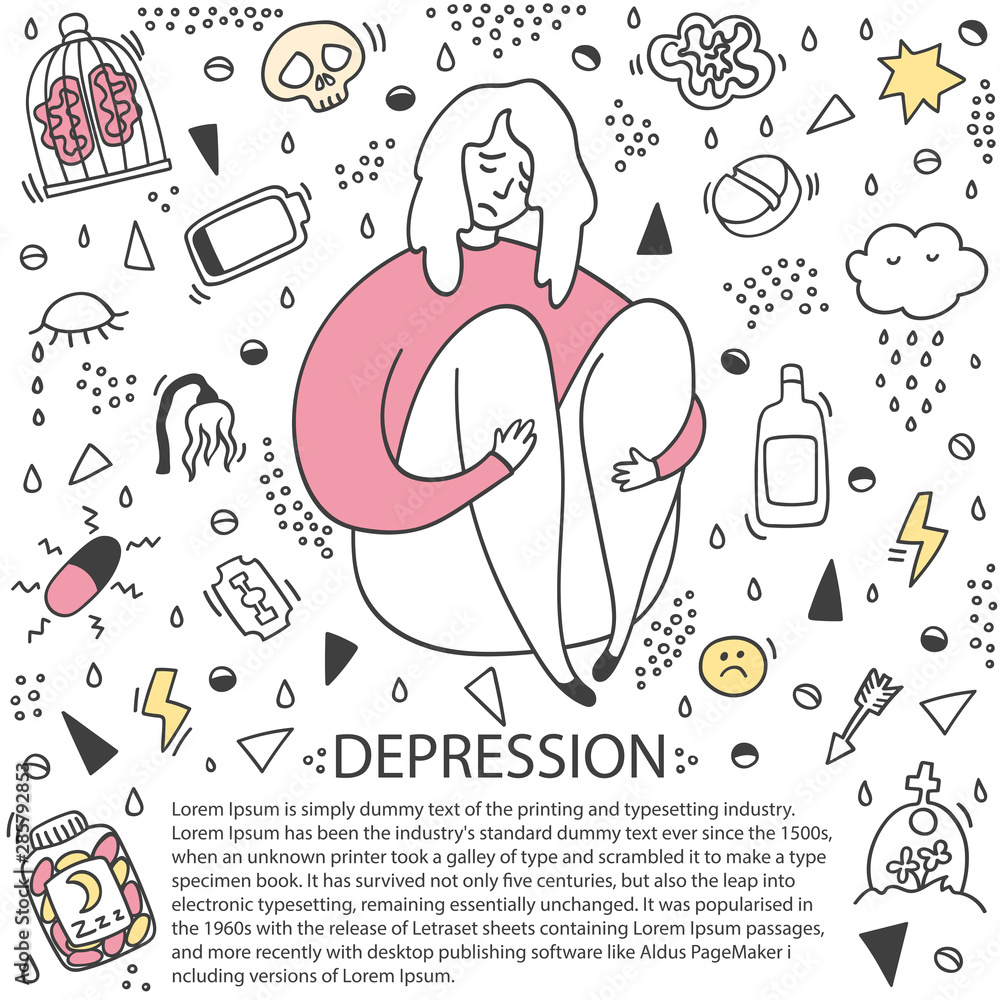 Sad and depressed girl sitting. Depression girl doodle color. Heartbreak and sad doodle woman ...